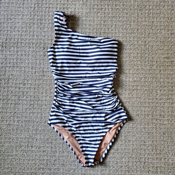 J. Crew | Swim | J Crew Blue And White Striped Oneshoulder Swimsuit ...